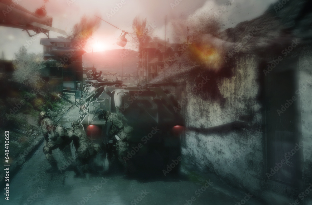 Explosion, warzone and apocalypse with soldier on battlefield for ...