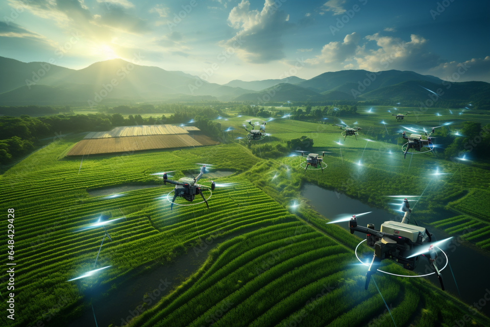 An aerial view of drones flying over agricultural fields, equipped with ...