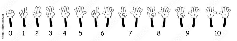 Numbers on retro cartoon fingers. Counting with hands wearing white ...
