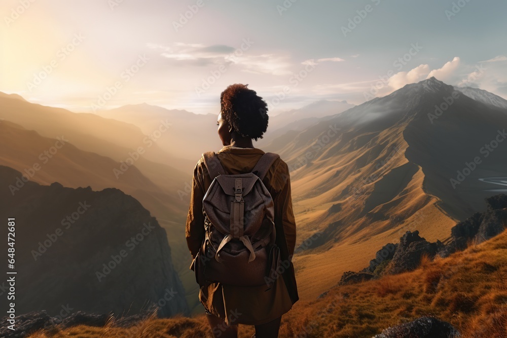 irl on mountain peak with looking at beautiful mountain, adventurous ...