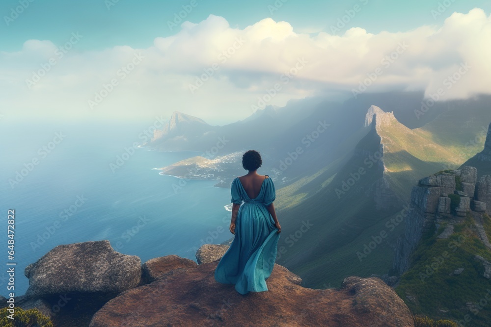 Stock-Foto „irl on mountain peak with looking at beautiful mountain ...