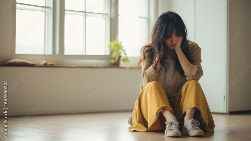 Sad and depressed young woman sitting on the floor in the living room ...
