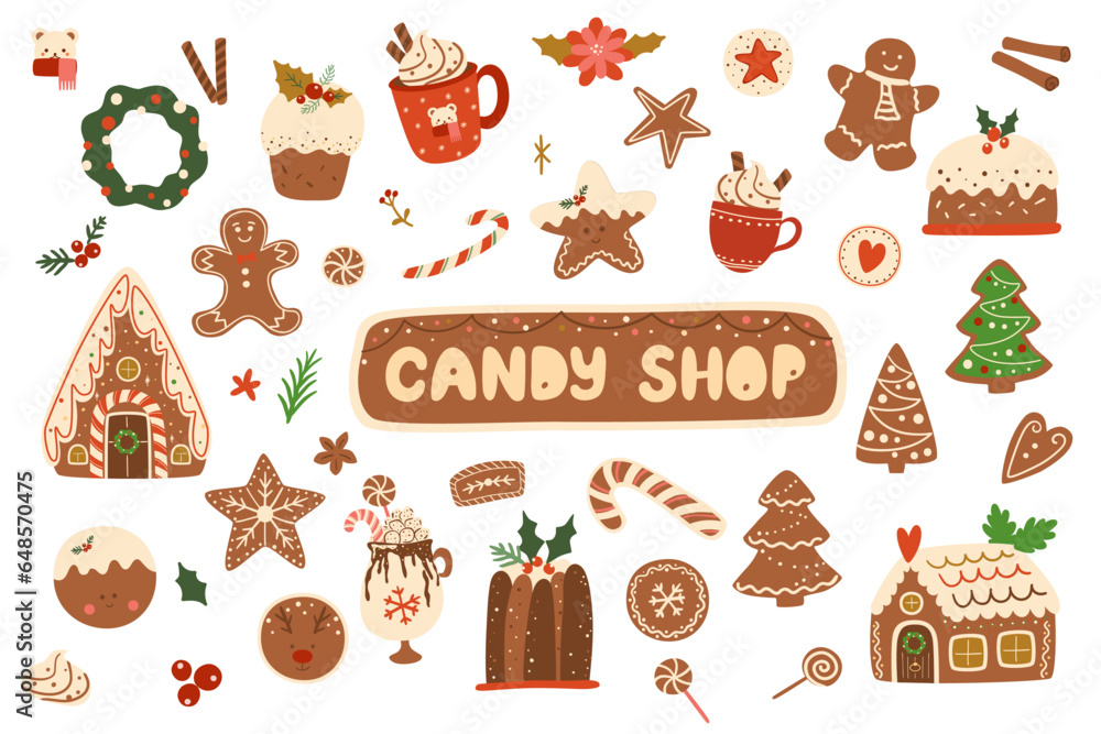 Christmas cooking set. Baked gingerbread cookies, house, hot winter ...