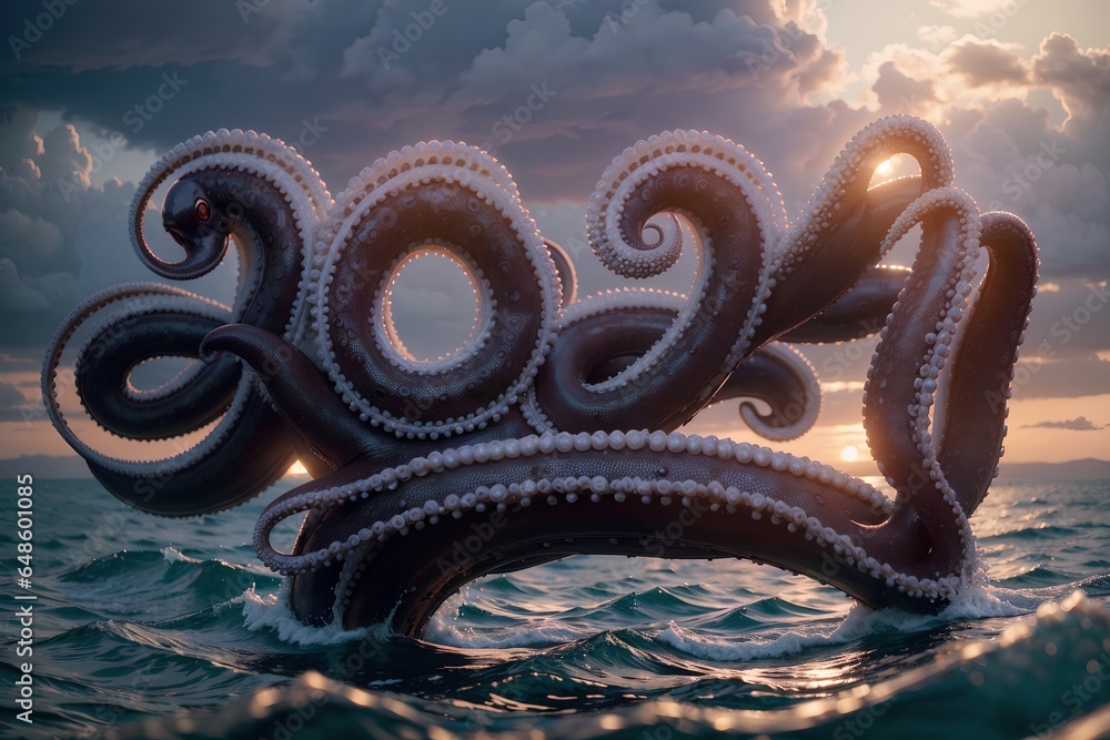 Dreamlike image of octopus tentacle and 2024 in cursive font, sunset ...