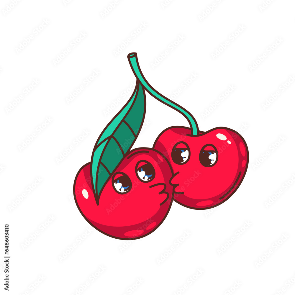 Groovy cherry characters kiss vector illustration. Cartoon isolated Y2K ...
