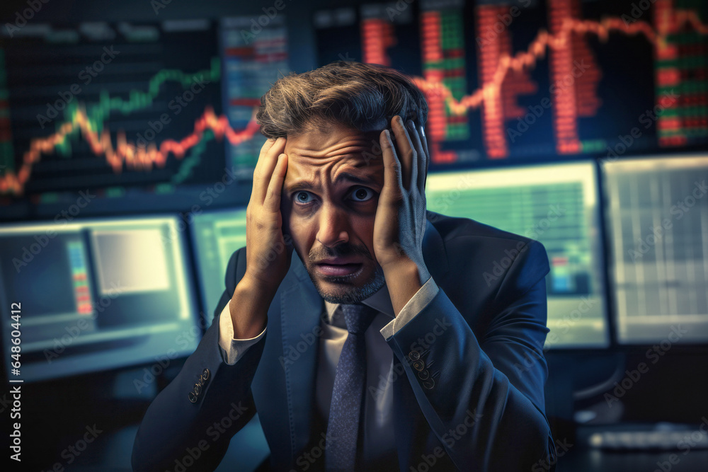 Stressed and desperate businessman watching stock market crash and ...