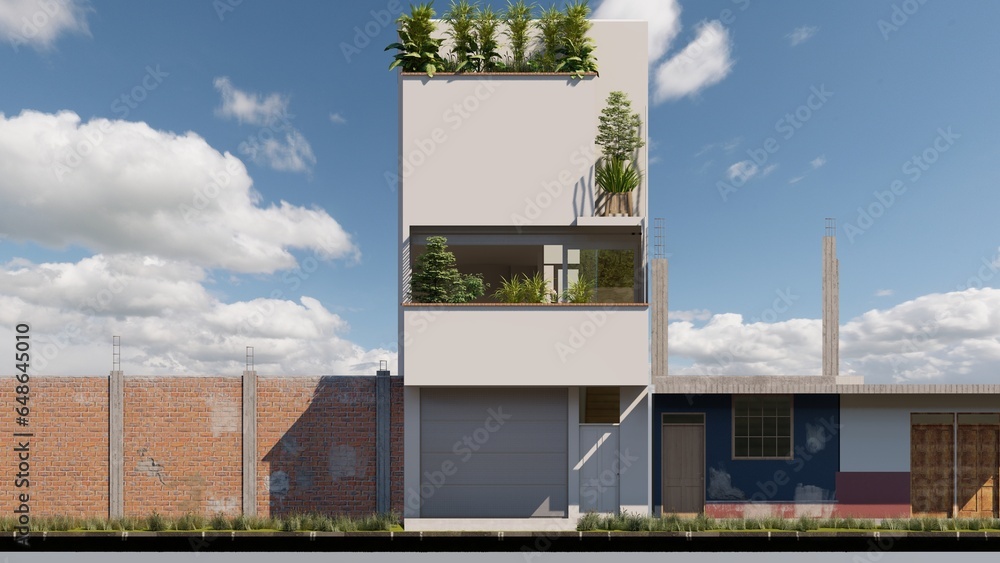 minimalist housing facade, bioclimatic housing, exterior and interior ...