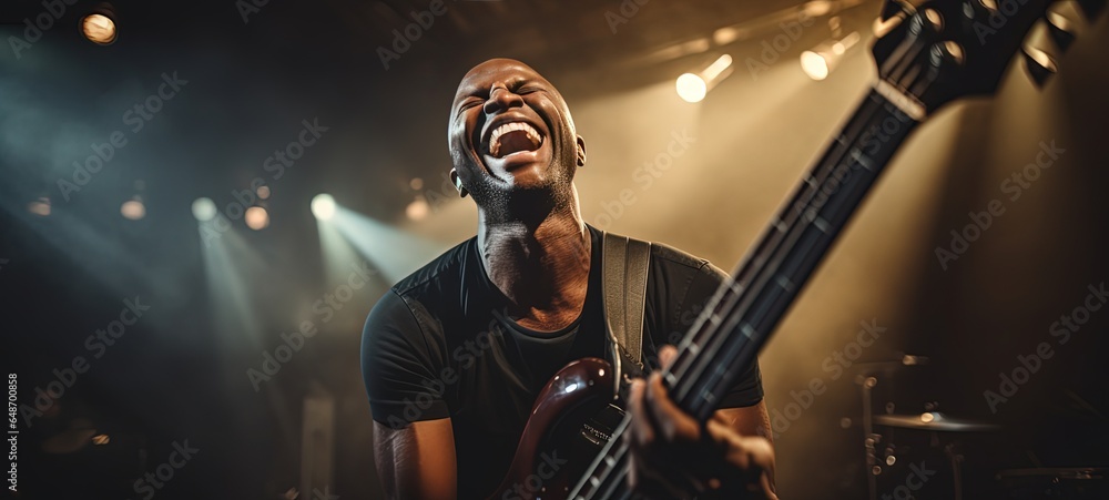 happy African man playing electric guitar on stage with spotlights ...