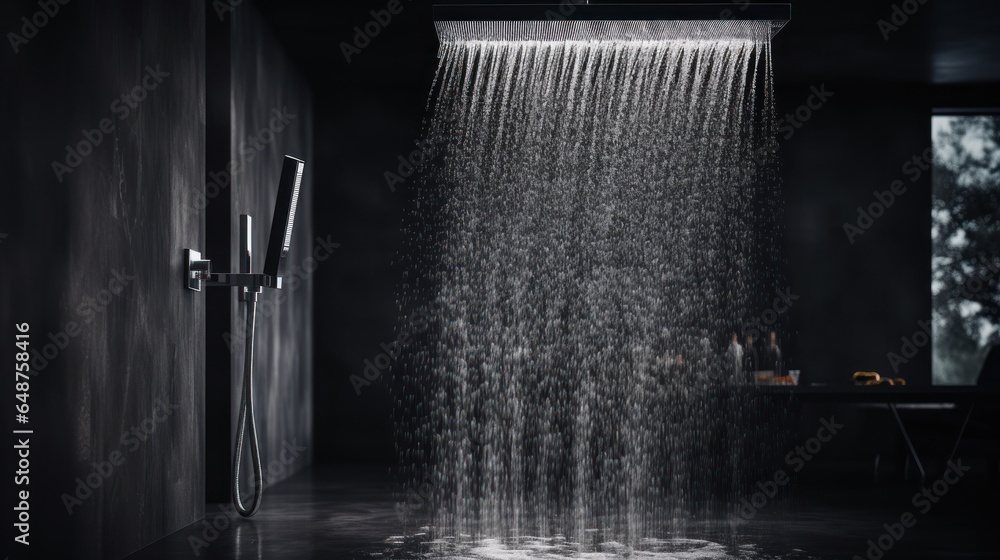 Photograph of water flowing from a shower head in a bathroom with a ...
