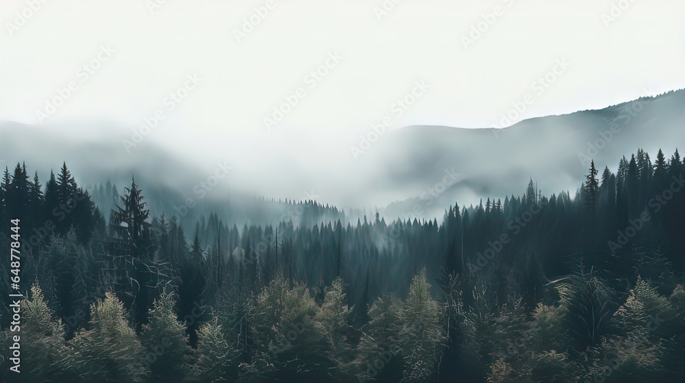 Forested mountain slope in low lying cloud with the conifers shrouded ...