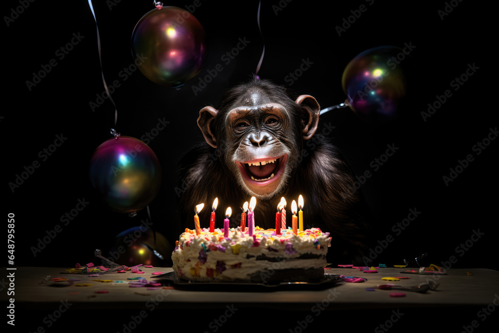Funny and cute birthday card of a happy chimpanzee monkey laughing ...