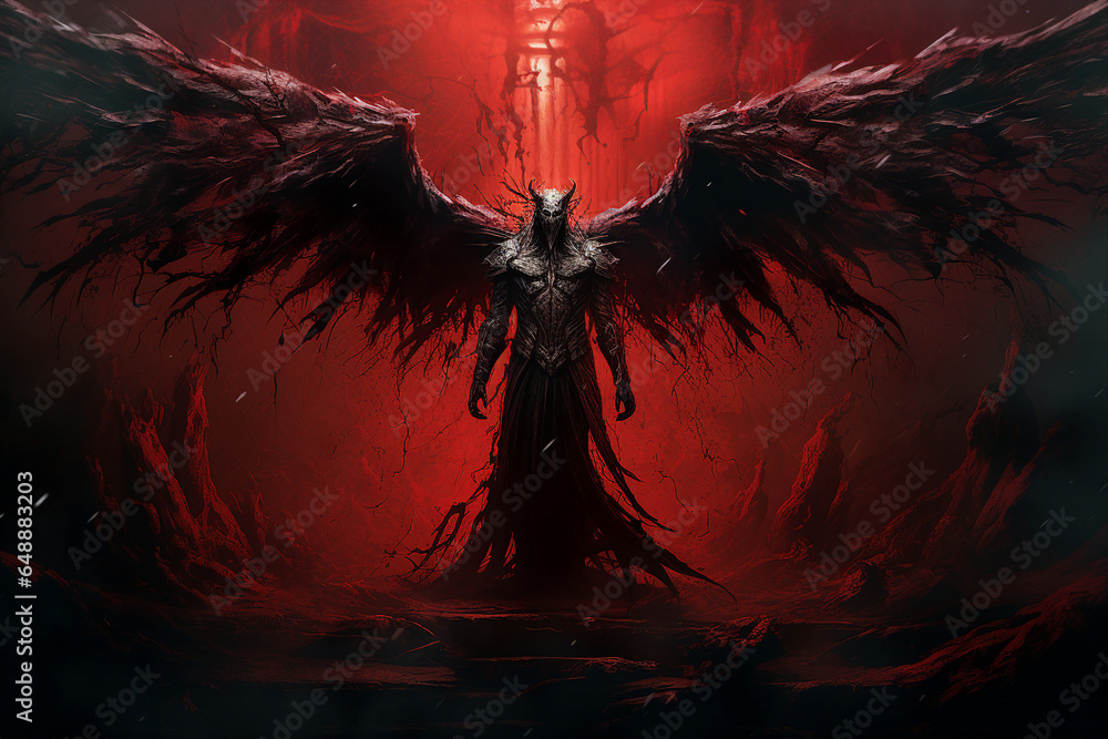 Genrative ai collage picture of evil satanic inferno with dark wings fallen angel in hell Stock ...
