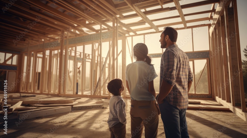 Happy family visiting construction site of their new wooden frame house ...