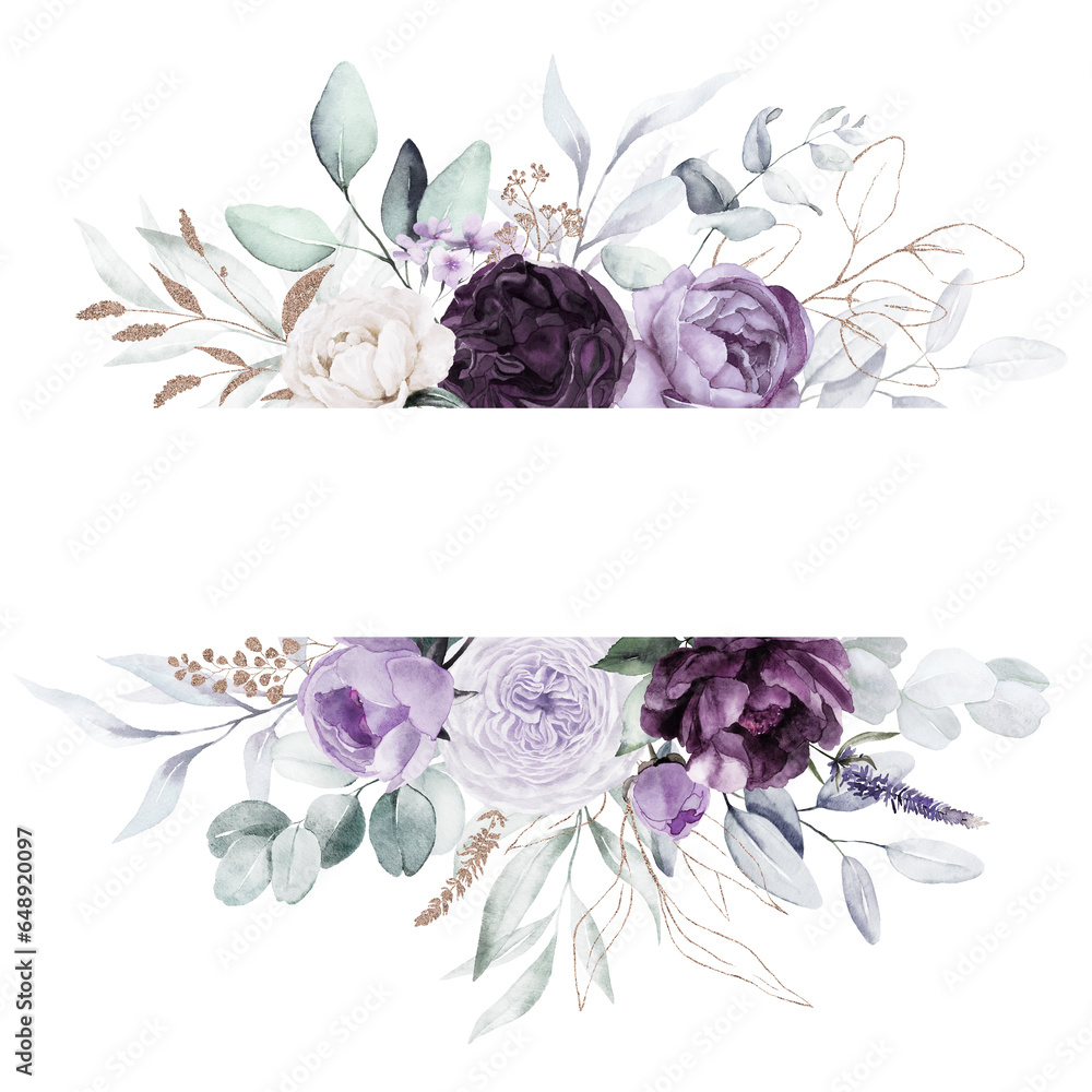 Watercolor floral frame - illustration with gold violet purple blue ...