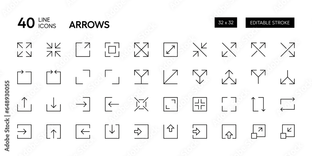 Interface arrow editable stroke outline icons. Zoom, scaling, increase, decrease, expand, share ...