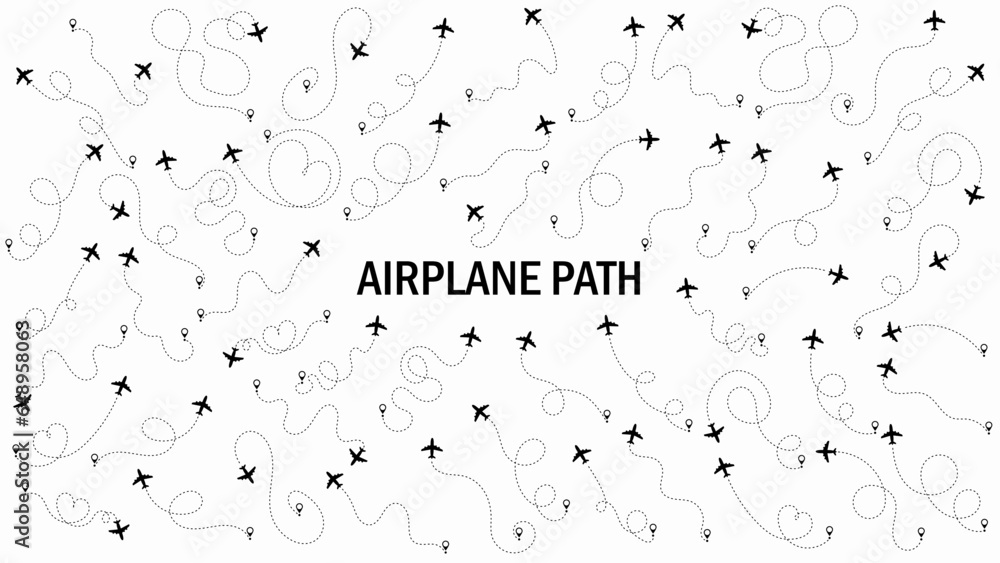 Airplane or aeroplane routes path set. Travel concept from start point ...