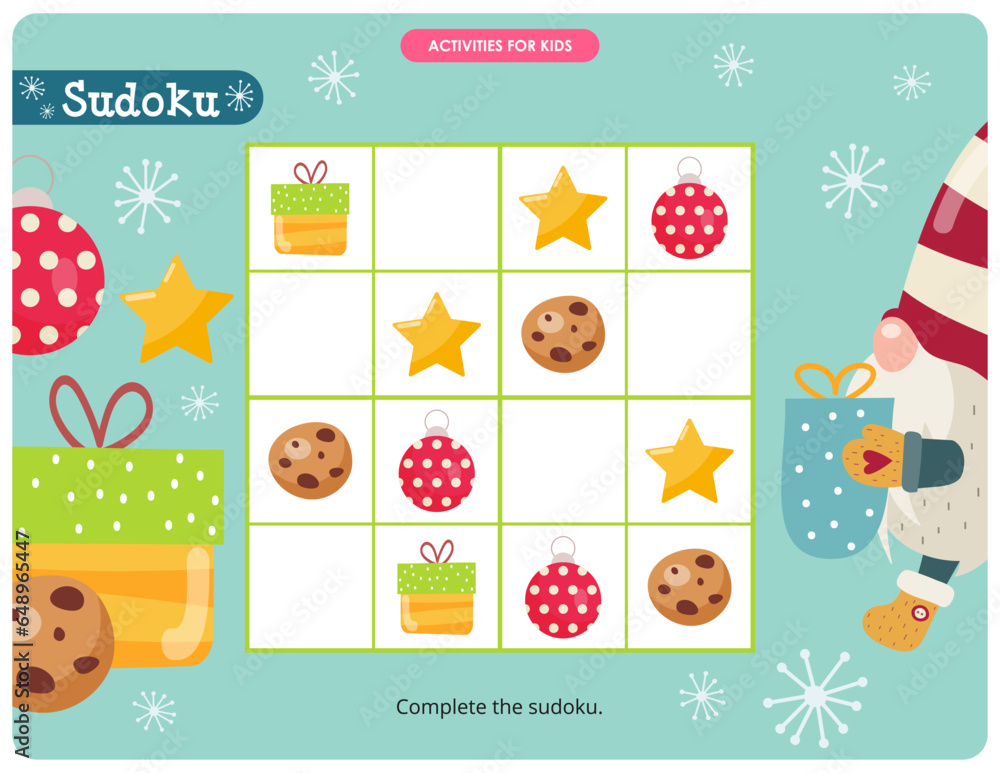 Christmas Puzzle game for children. Cute Christmas objects in Sudoku ...