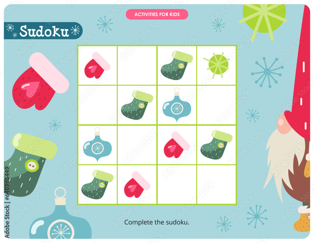 Christmas Puzzle game for children. Complete Christmas Sudoku. Vector ...