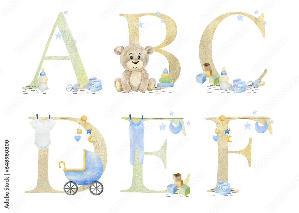 Watercolor baby letters for invitation card, nursery poster and other ...