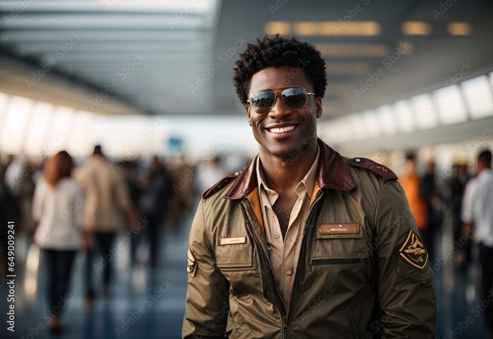 Bussines afro men pilot smiling wearing pilot outfit in airport runway ...