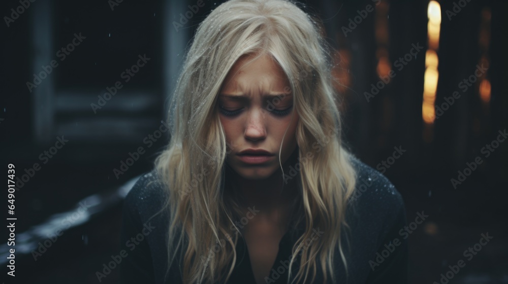 Young girl with beautiful blonde hair crying and feeling sad, sitting ...