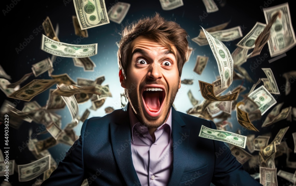 Happy smiling laughing rich businessman in a business suit sits at his ...