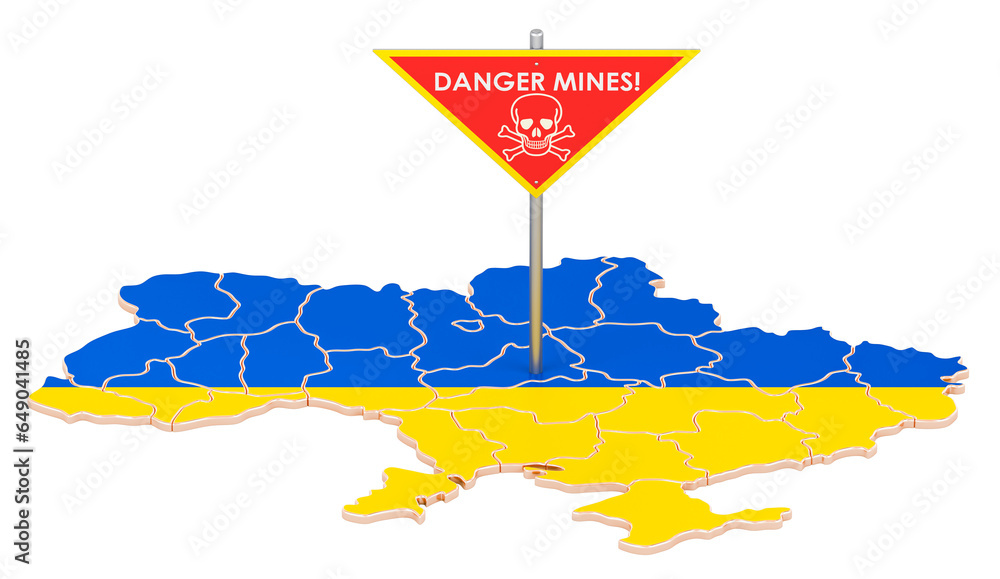 Ukrainian map with danger mines sign, 3D rendering isolated on ...