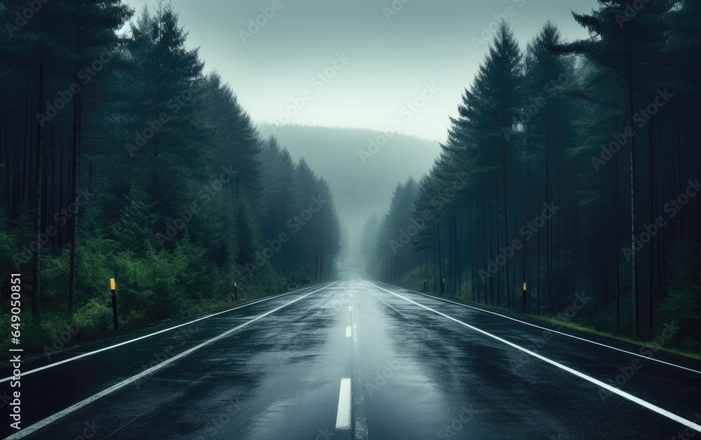 A straight road in the middle in rainy day with trees on both sides ...