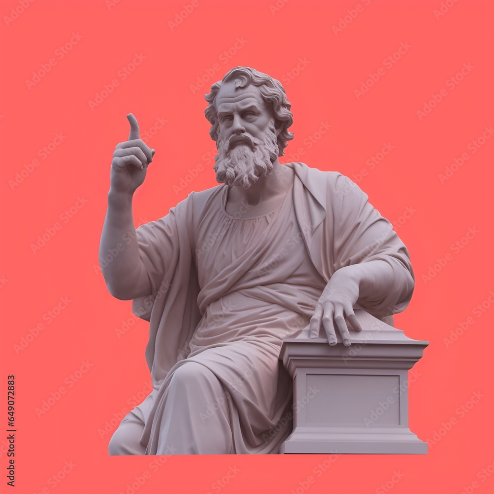 antiq statue of an old man pointing at something isolated on a pink ...