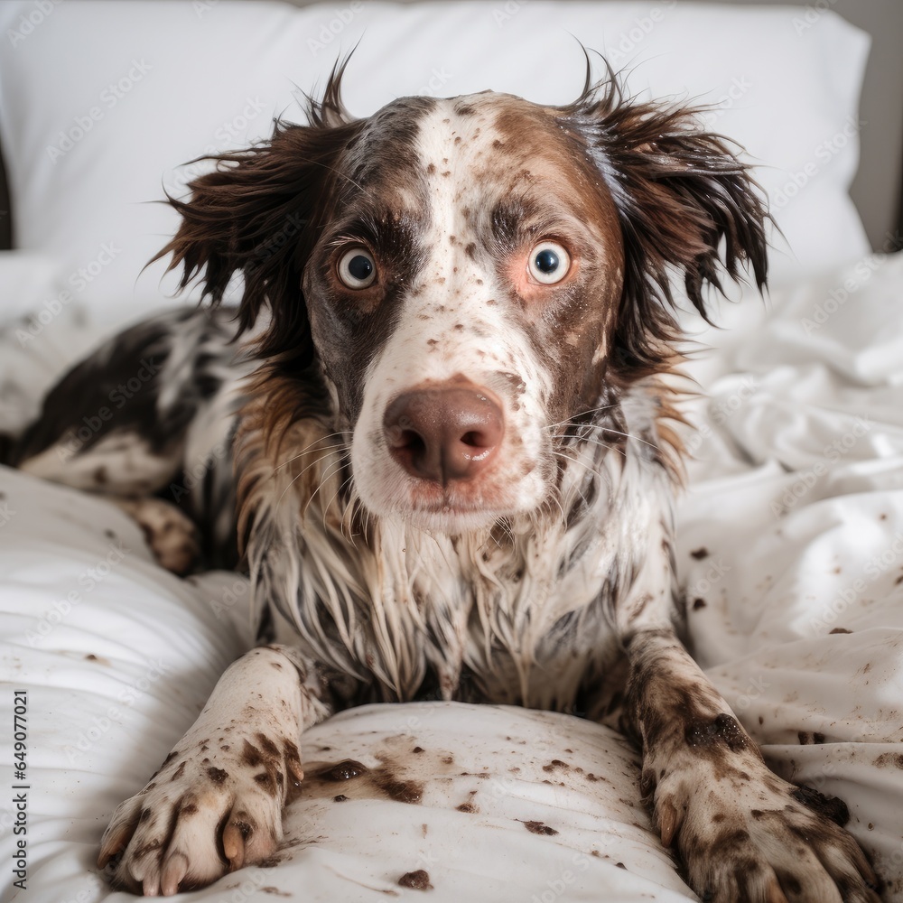Cute dog with a guilty face is covered in mud sitting on a clean white ...