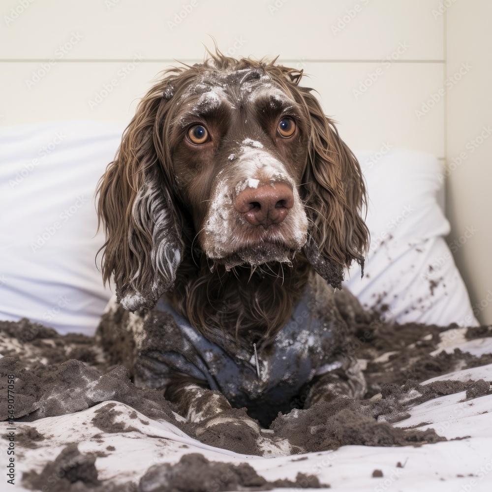 Cute dog with a guilty face is covered in mud sitting on a clean white ...