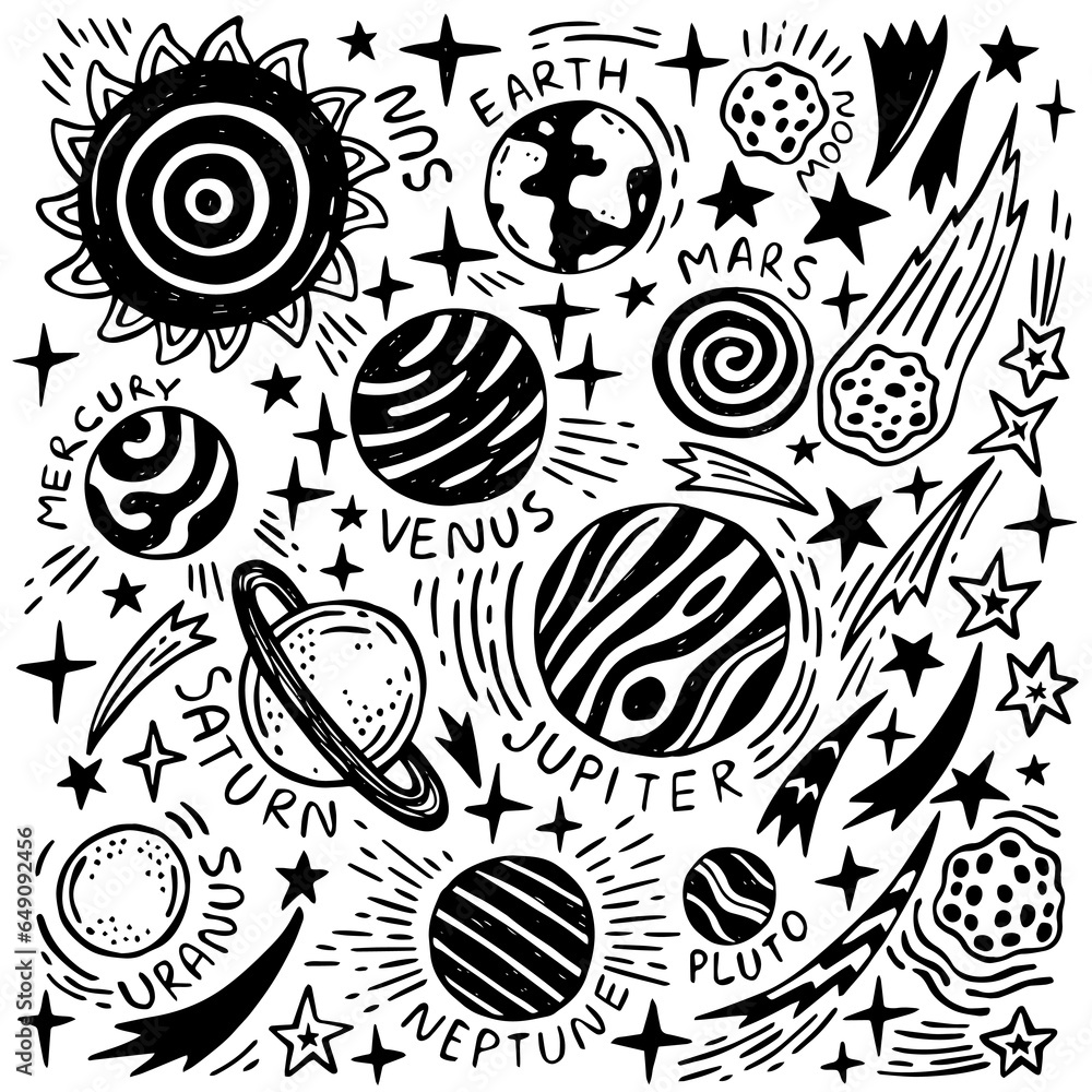 Hand drawn space doodle set. Solar system with sun, planets, asteroids ...