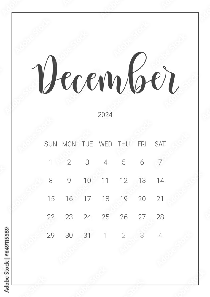 Vector Calendar Planner for December 2024. Handwritten lettering. Week ...