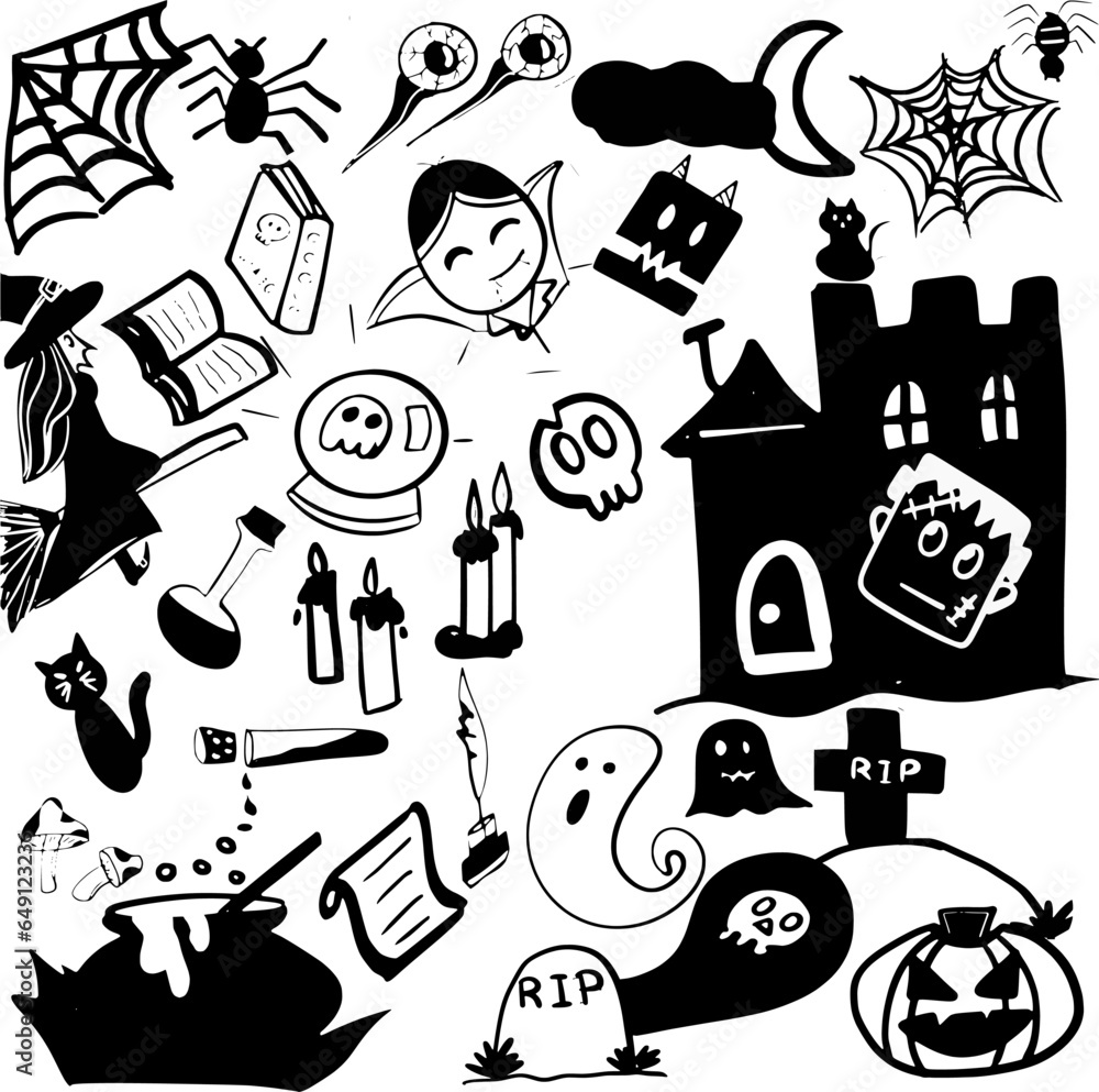 seamless pattern with cartoon, set of Halloween doodle icon from hand ...