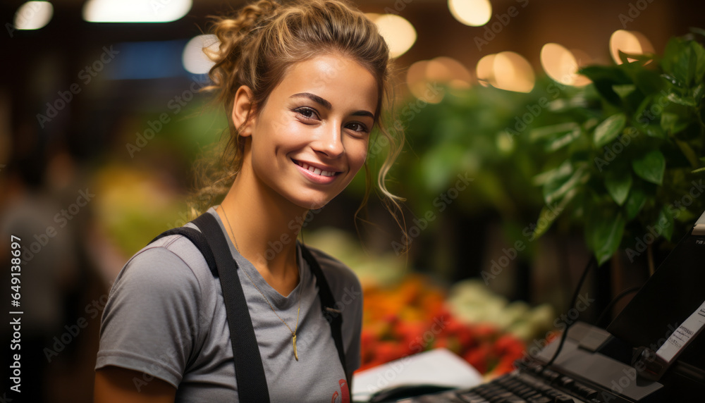young cashier in a supermarket works behind the cash register as a part ...