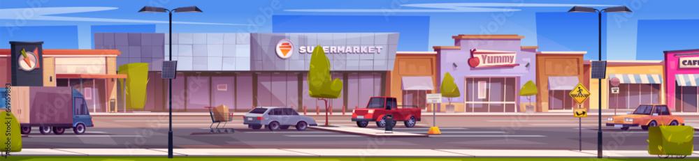 Parking lot near supermarket with cars, road signs, trees and bushes ...