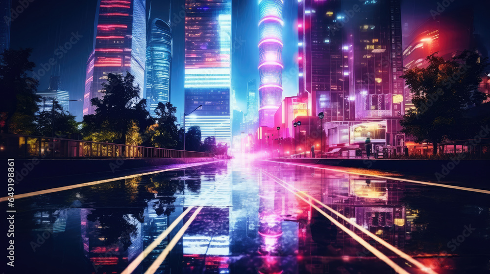 Night street illuminated by neon lights in cyberpunk style. For ...