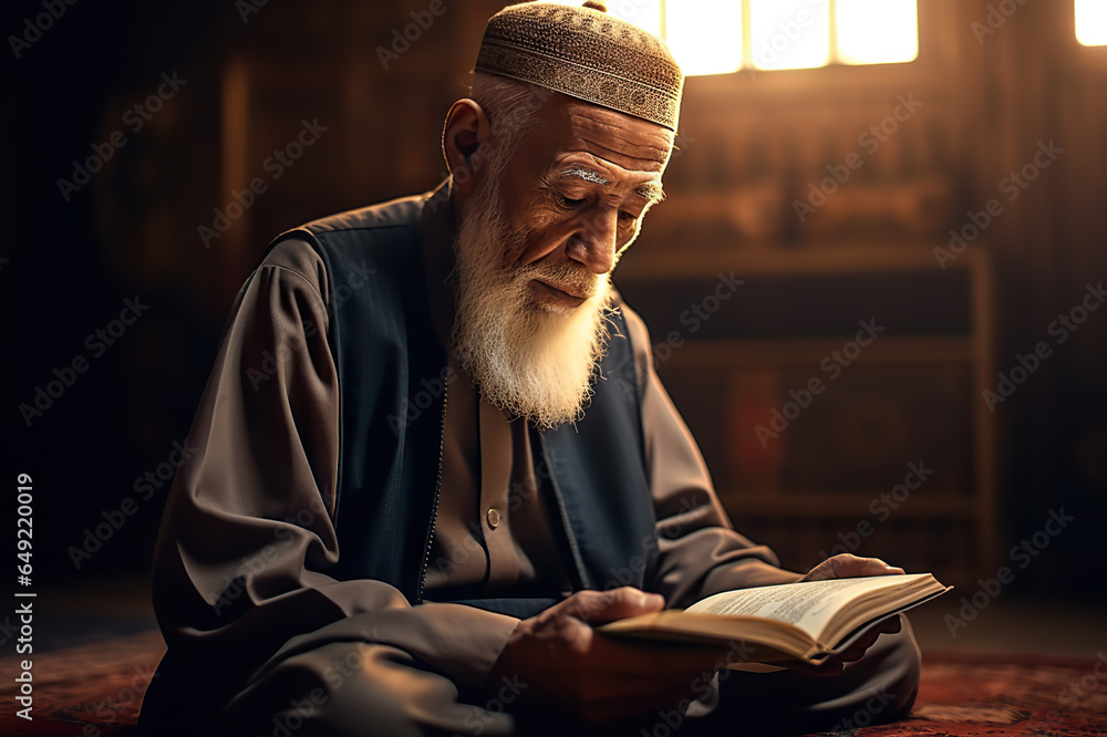 Devotion and Faith Elderly Muslim Man Engrossed in Quran Reading During ...