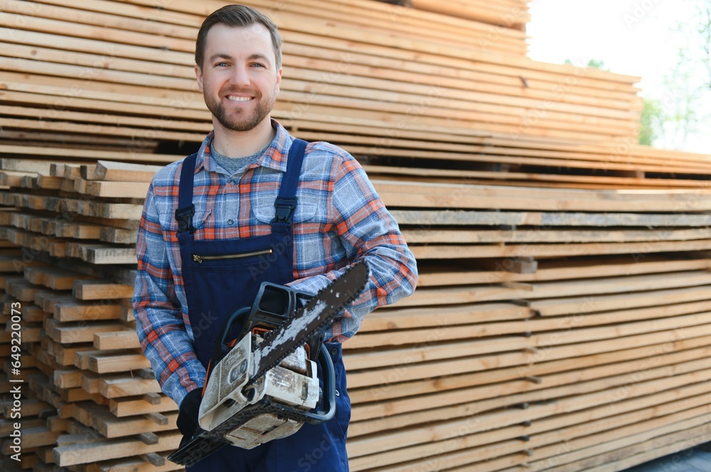 Portrait of a handsome worker choosing the best wooden boards ...
