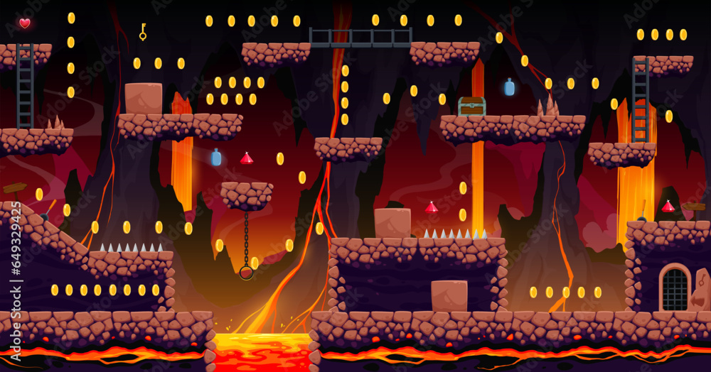 Arcade game volcano cave level map with stone platforms, lava, ladders ...