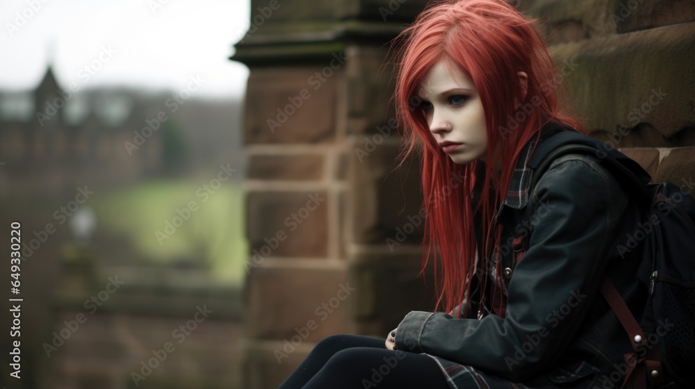 Pretty teenage emo girl with long and sleek bright red hair sitting ...