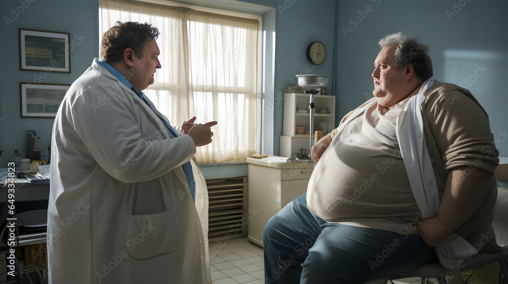 Fat overweight man with doctor in white coat in light room. Diet and ...