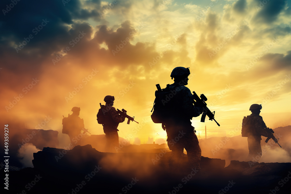 Silhouettes of army soldiers in the fog against a sunset, marines team ...