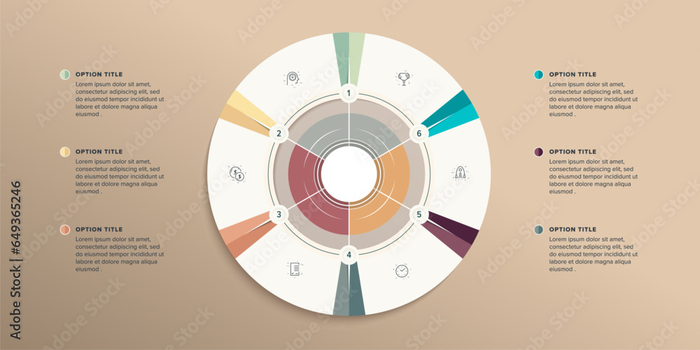 Business process chart infographics with 6 step circles. Round workflow graphic elements ...
