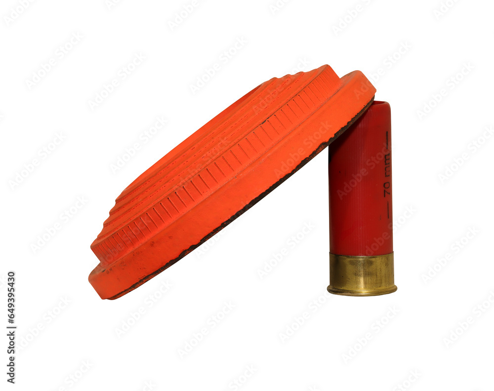 Clay disc flying targets\ and shotgun shell on transparent background ...