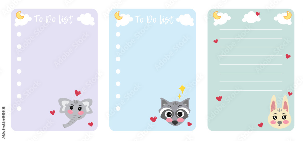 Set of cute note organizer, check list, to do list with kawaii cartoon ...