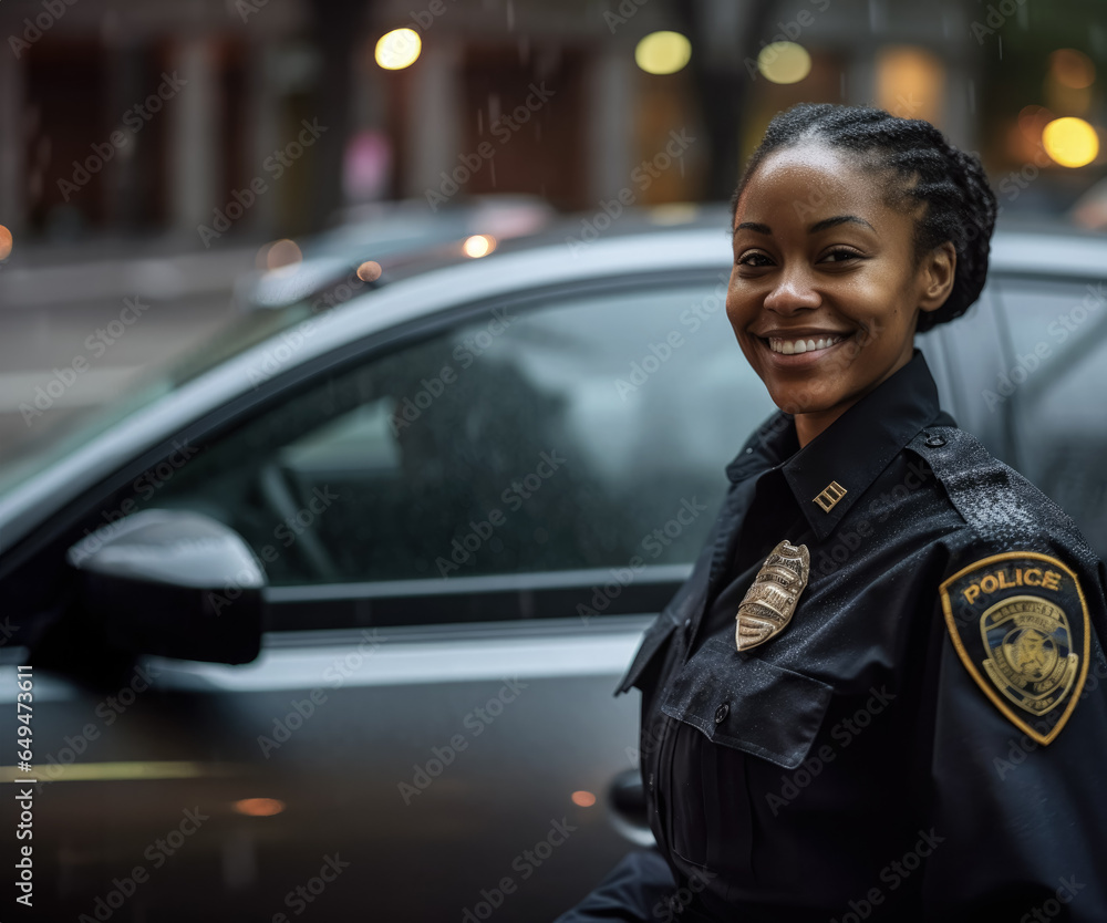 African American woman working as police officer or cop, closeup ...