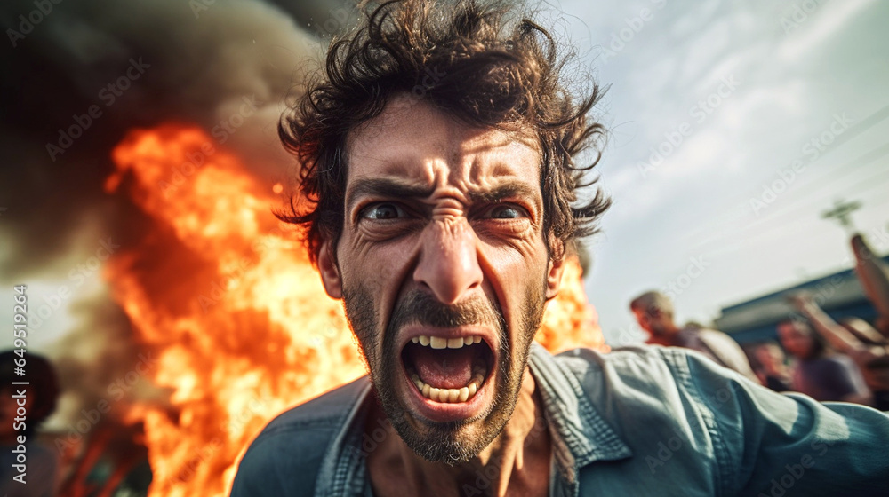 Photo Stock An angry aggressive mature adult man, fire and flames or ...
