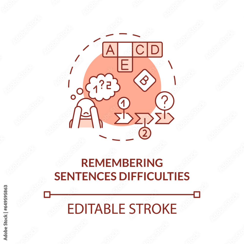 2D editable red icon remembering sentence difficulties concept, simple ...