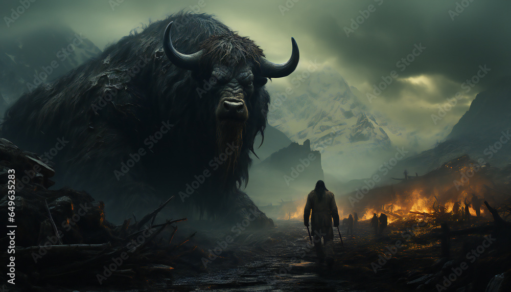Recreation of a giant minotaur front a man, legendary creature of the ...